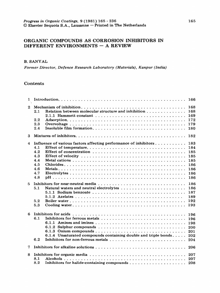 Organic Compounds As Corrosion Inhibitors - Sanyal1981 | PDF | Adsorption | Corrosion