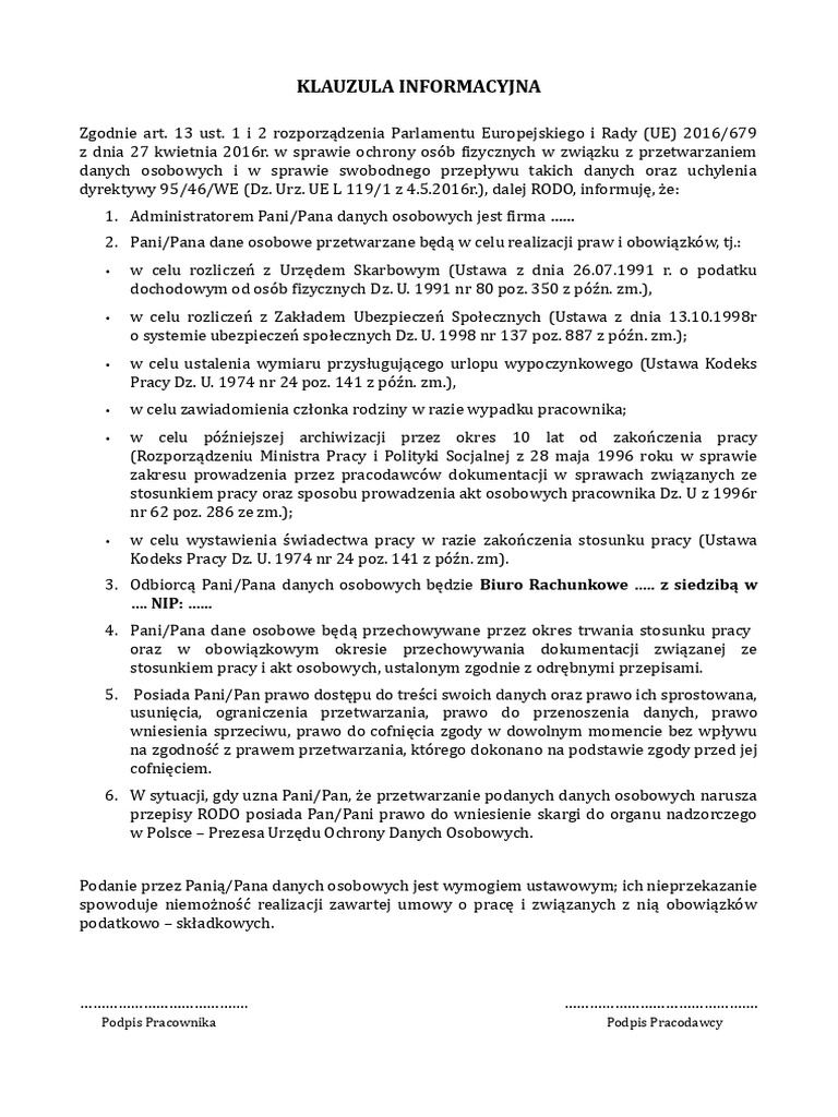 Klauzula Informacyjna Dla Pracownika RODO | PDF