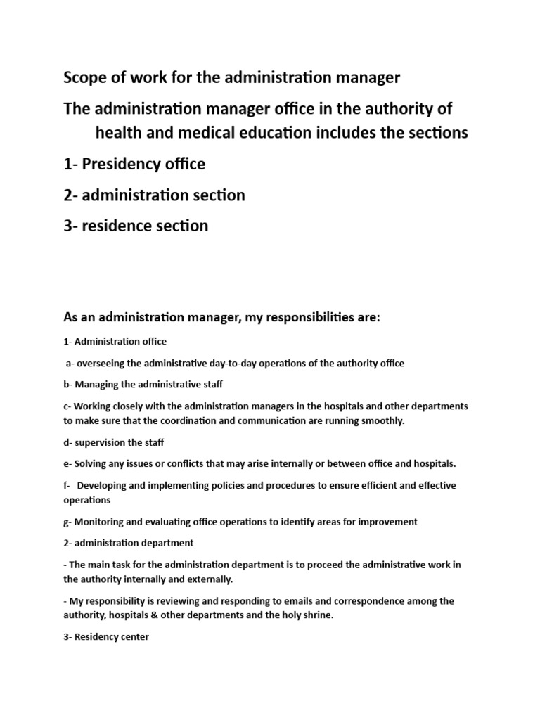Administration Manager Scope of Work | PDF | Automation | Business