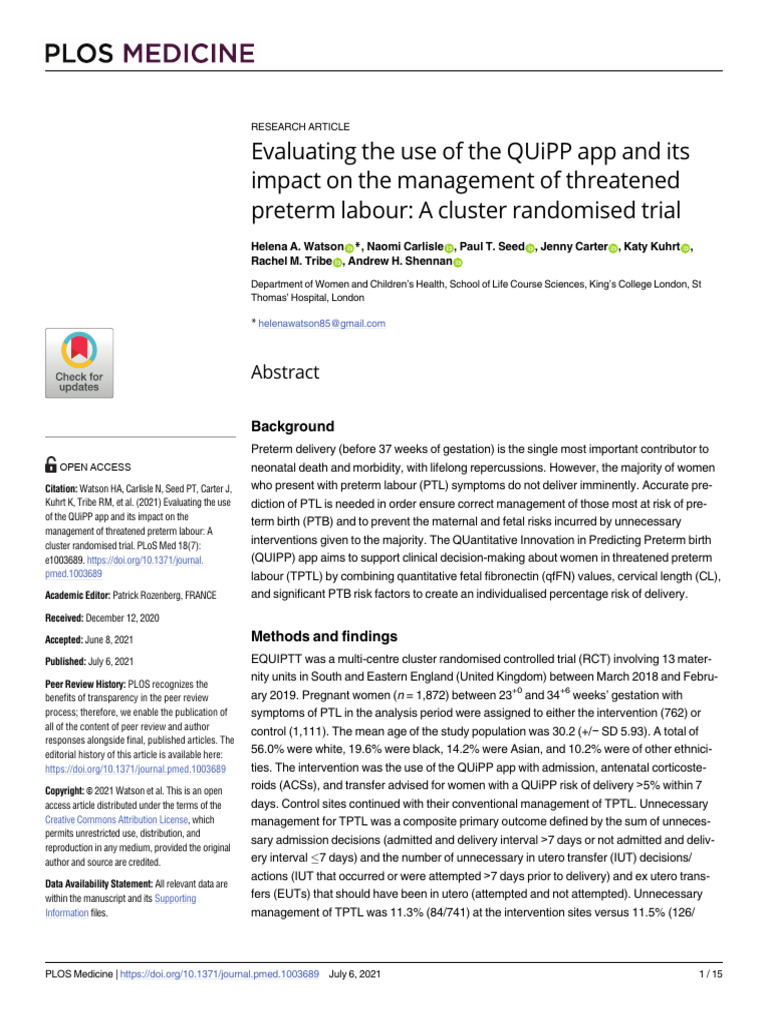 Evaluating The Use of The Quipp App and Its Impact On The Management of Threatened Preterm ...