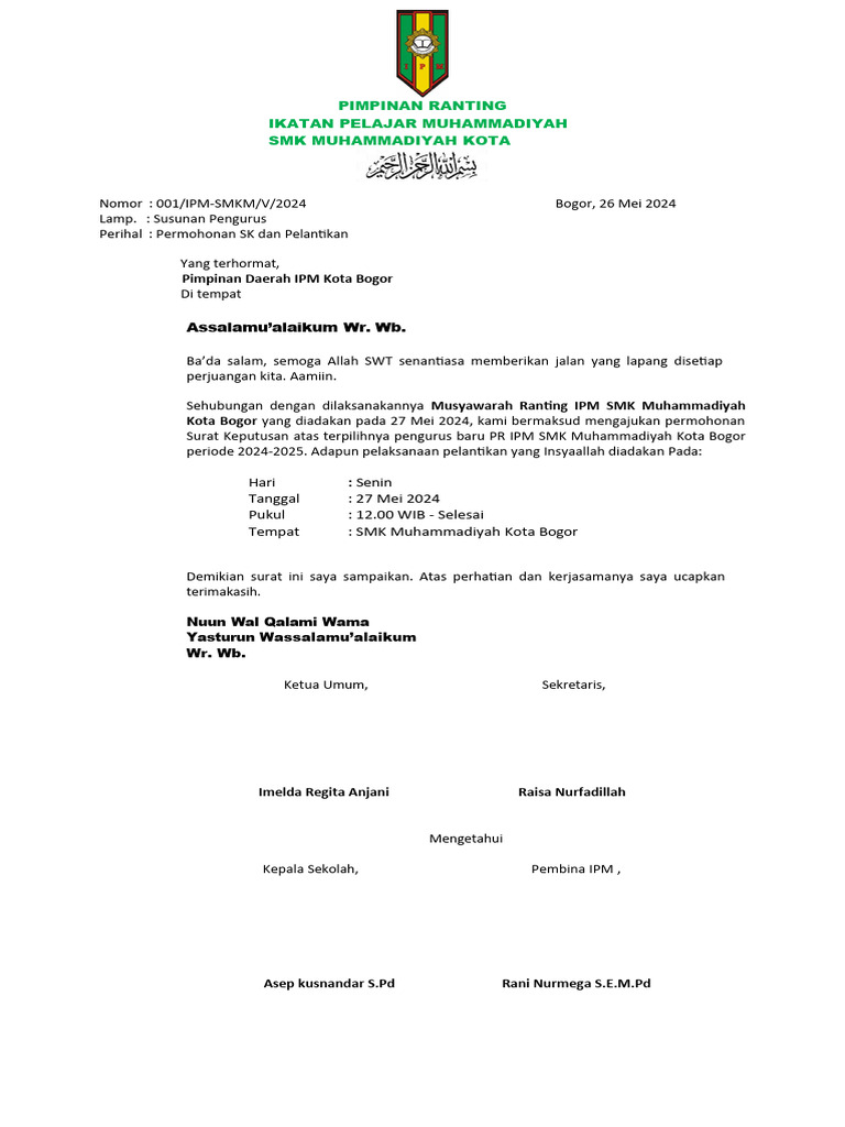 Permohonan SK dan Pelantikan Pengurus IPM | PDF