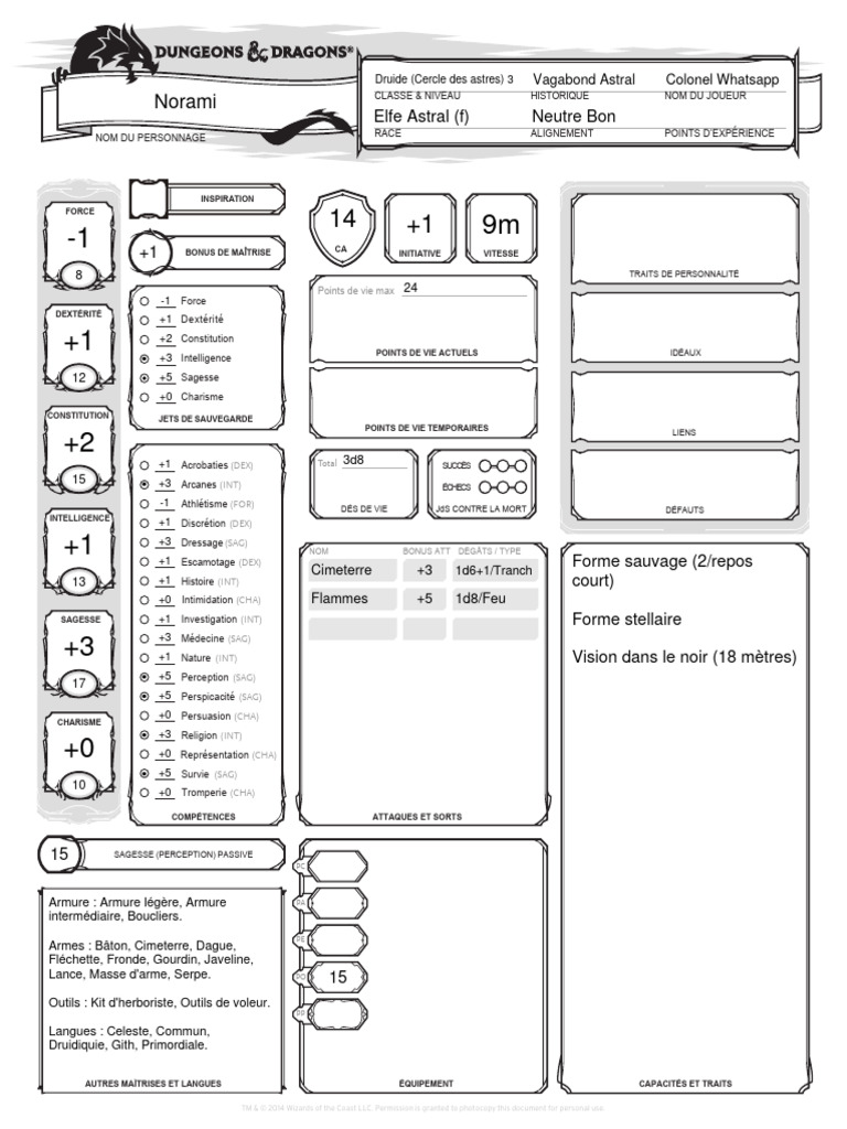Fiche de personnage : Norami, Druide | PDF