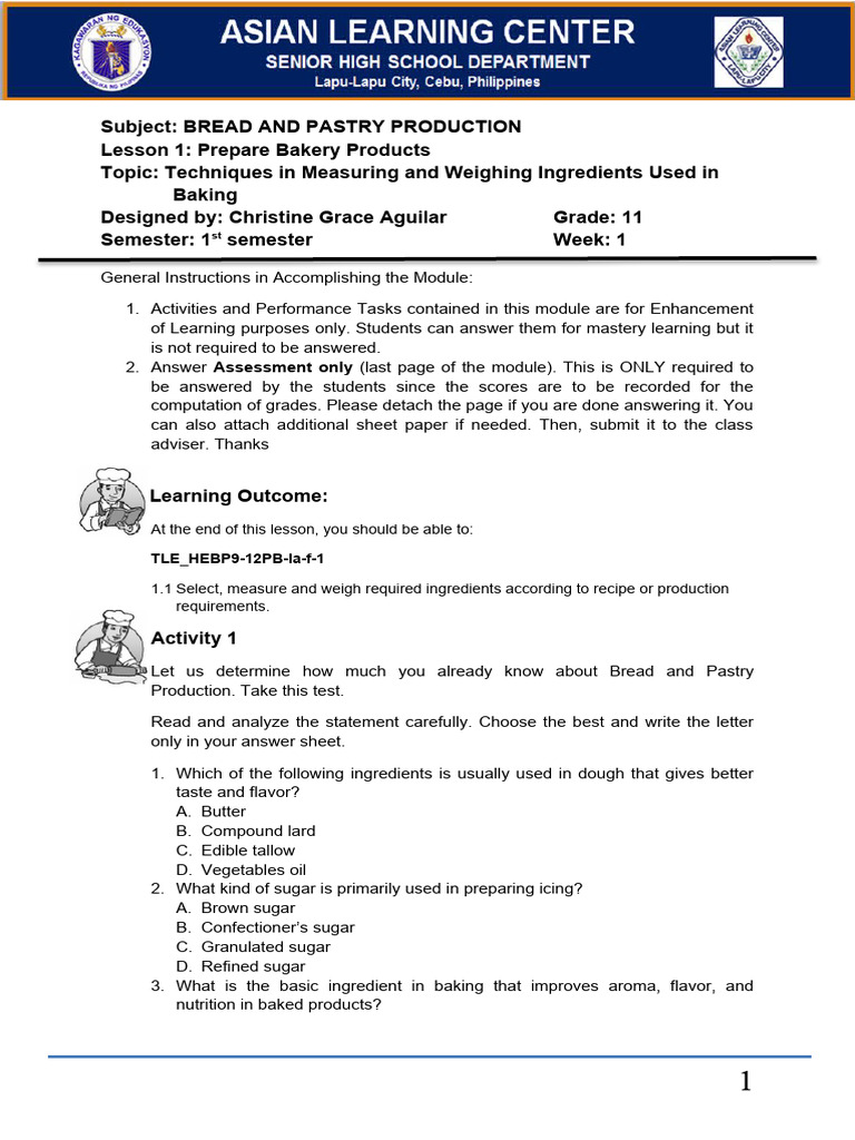 1ST Quarter Week 1 Techniques in Measuring and Weighing Ingredients Used in Baking | PDF | Cakes ...
