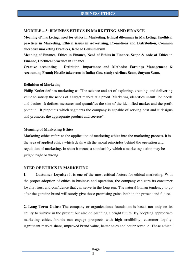 BE - MODULE 3 Business Ethics in Marketing and Finance | PDF ...
