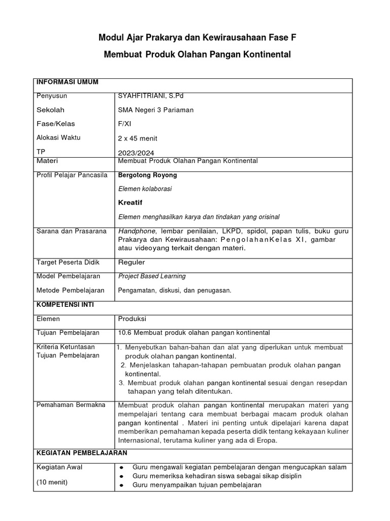 Modul Ajar Fase F Membuat Produk Olahan Pangan Kontinental | PDF