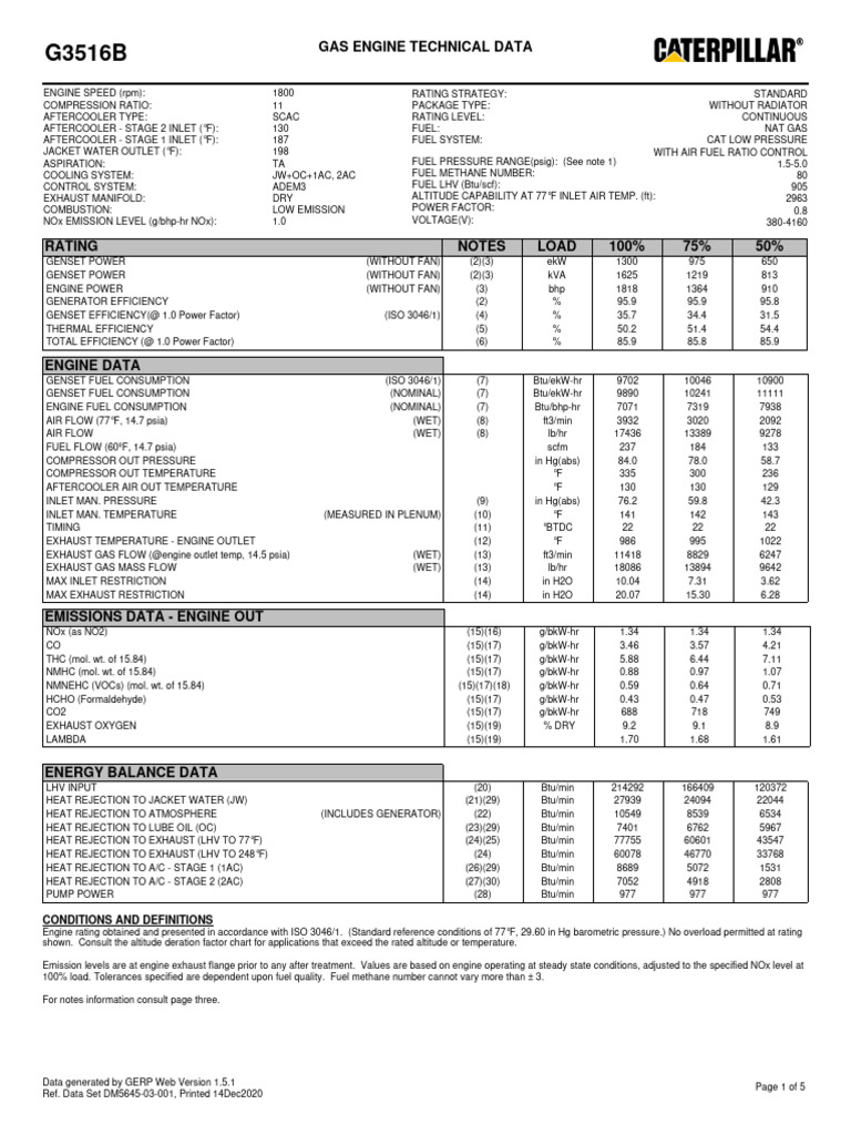 G3516B Gas Engine Technical Data | PDF | Engines | Altitude