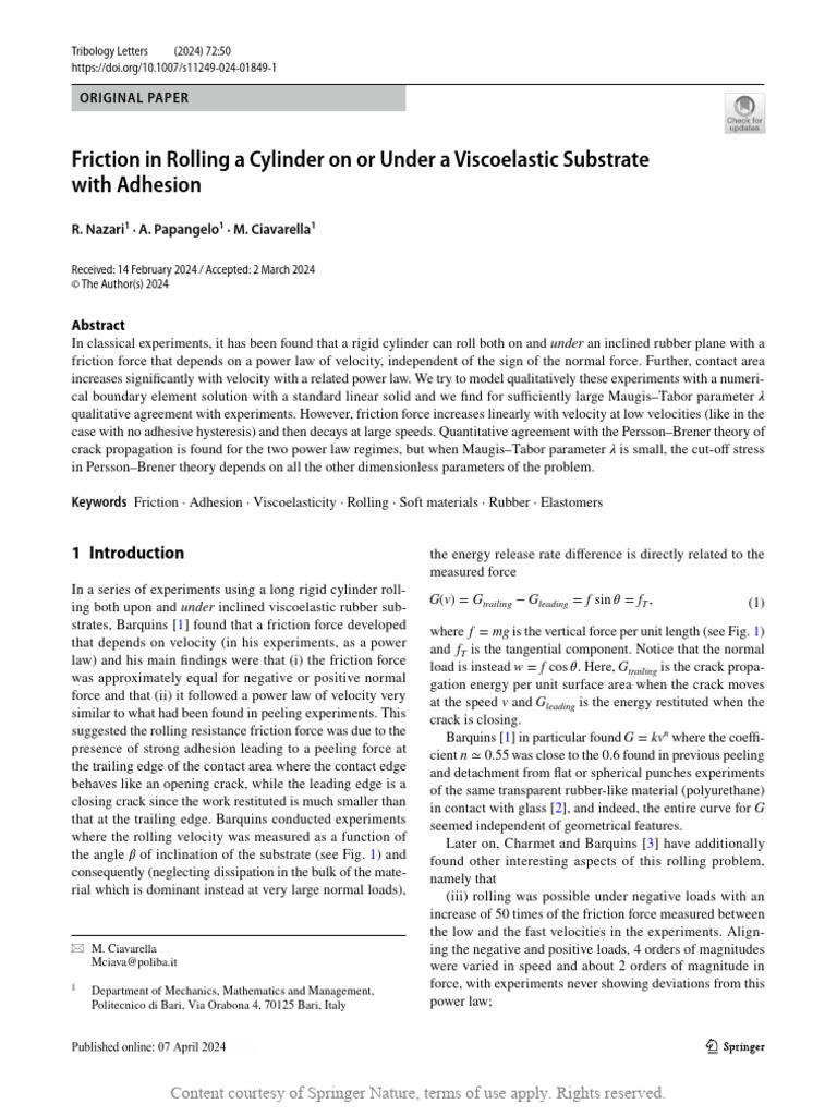 Friction in Rolling A Cylinder On or Under A Visco | PDF | Viscoelasticity | Adhesion