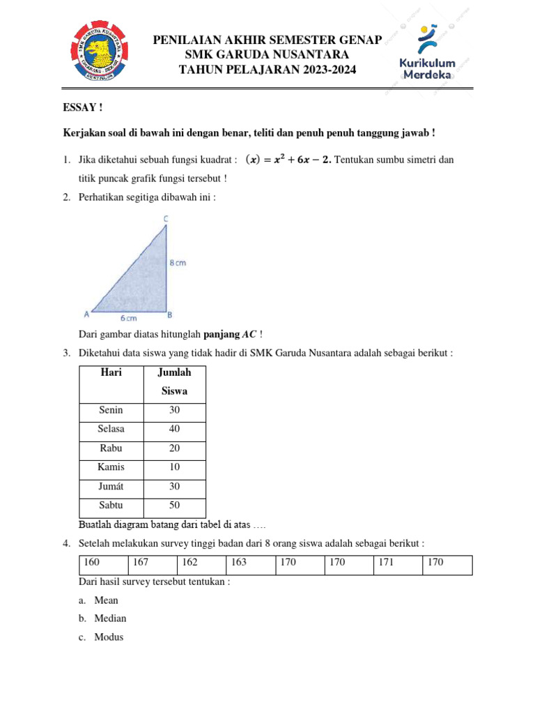 Soal Essay Pas Genap MTK - Kelas X 2023-2024 | PDF