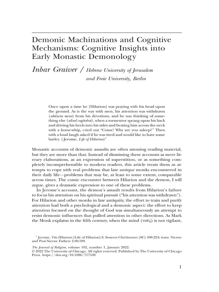 Demonic Machinations and Cognitive Mechanisms: Cognitive Insights Into Early Monastic Demonology ...