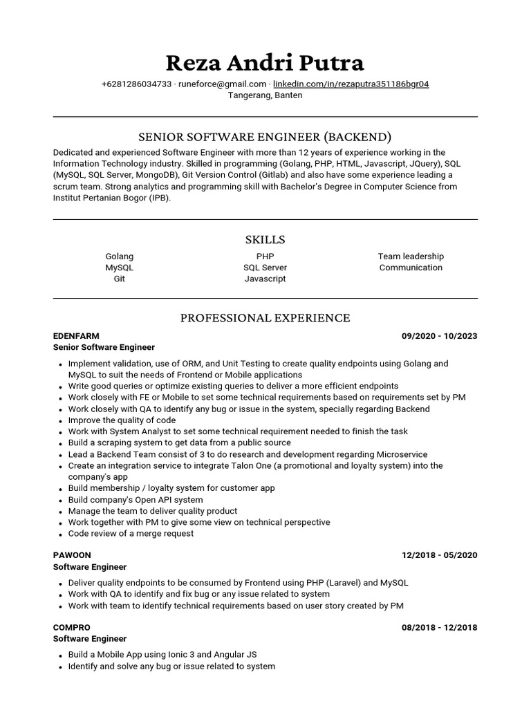 Reza Andri Putra - Senior Software Engineer (Backend) | PDF | Php | My Sql