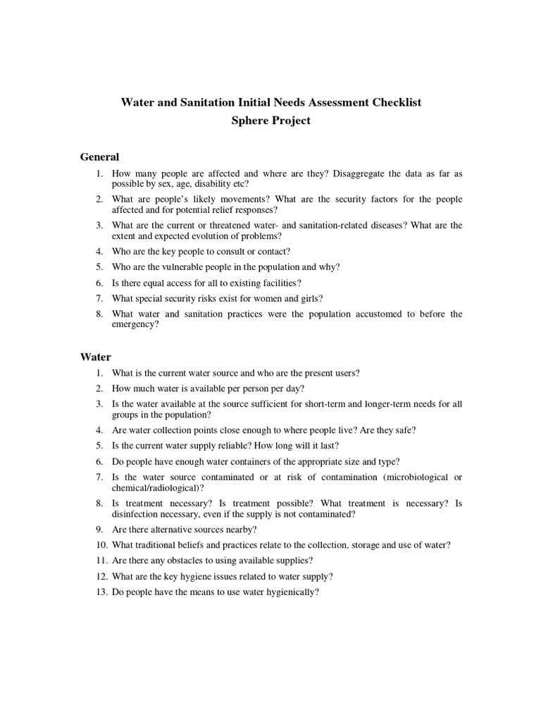 Watsan Initial Needs Assessment Checklist Sphere Project | PDF | Wash | Pollution