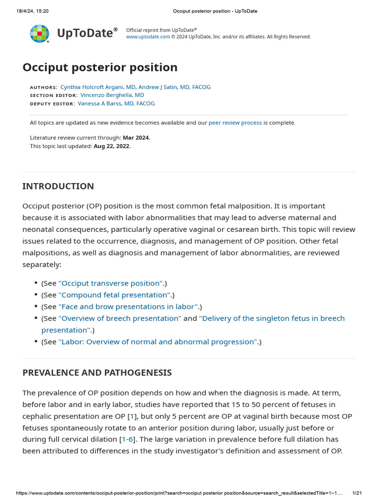 Occiput Posterior Position - UpToDate | PDF | Childbirth | Caesarean ...