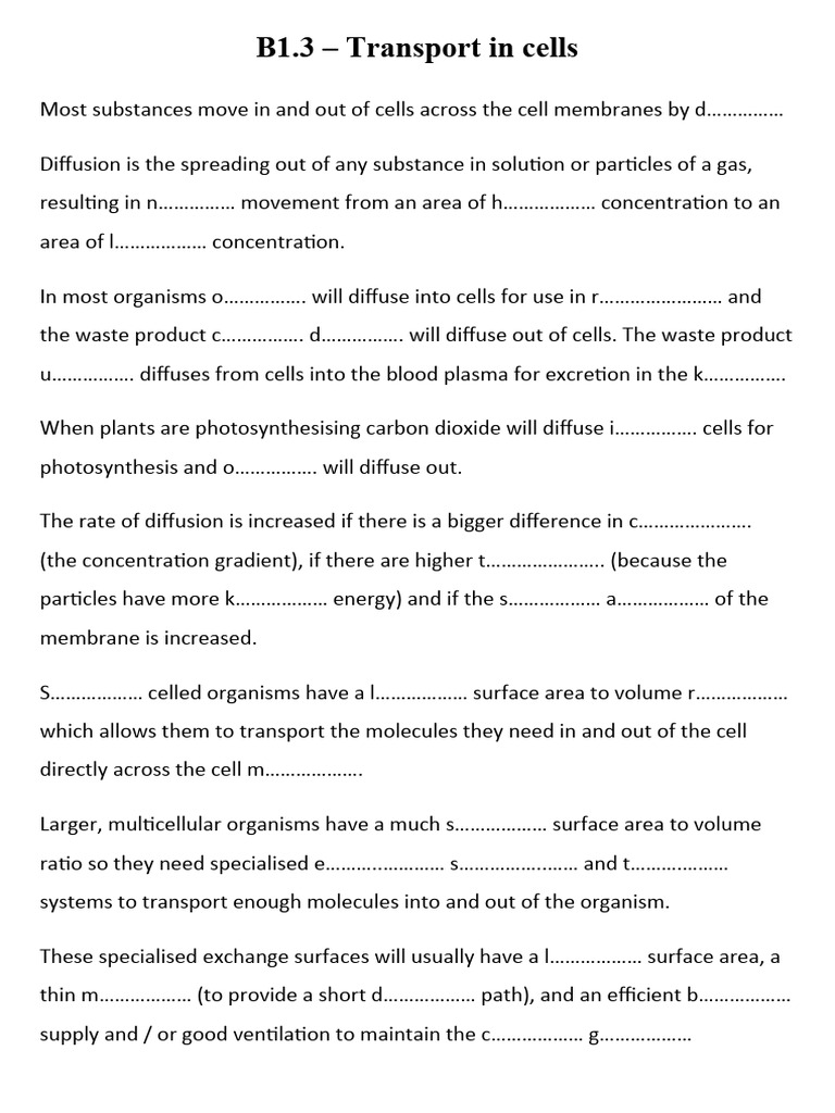B1.3 - Transport in Cells Gap-Fill 2018 (Combined & Bio) | PDF | Diffusion | Cell Membrane
