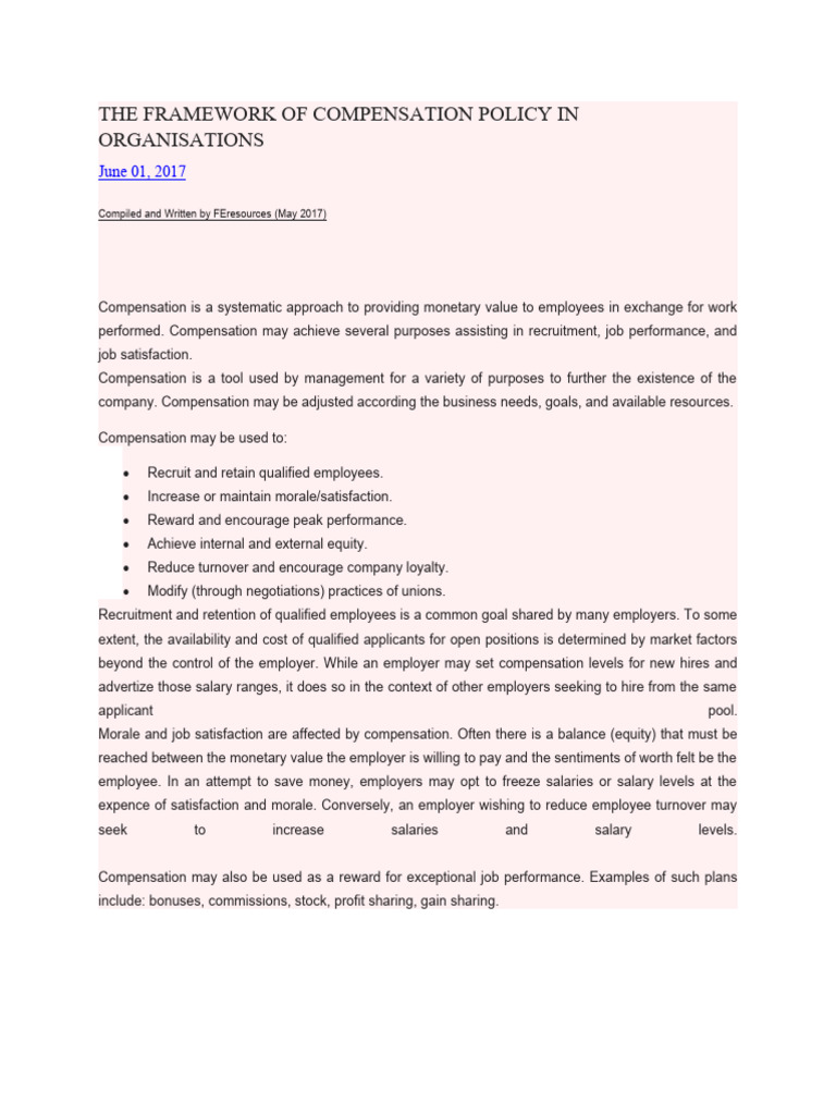 The Framework of Compensation Policy in Organisations: June 01, 2017 ...