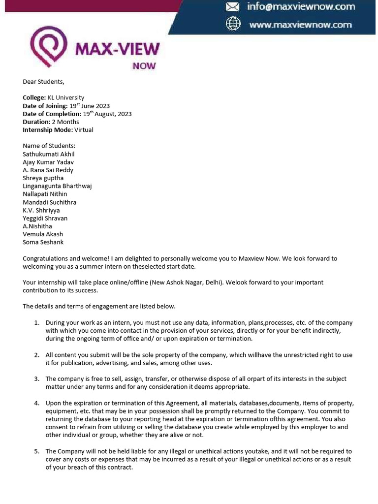Maxview Now Offer Letter KL University | PDF | Internship | Job Hunting