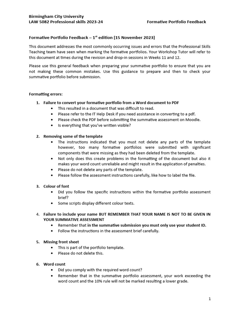 23-24 Generic Feedback Formative Portfolio | PDF | Communication ...