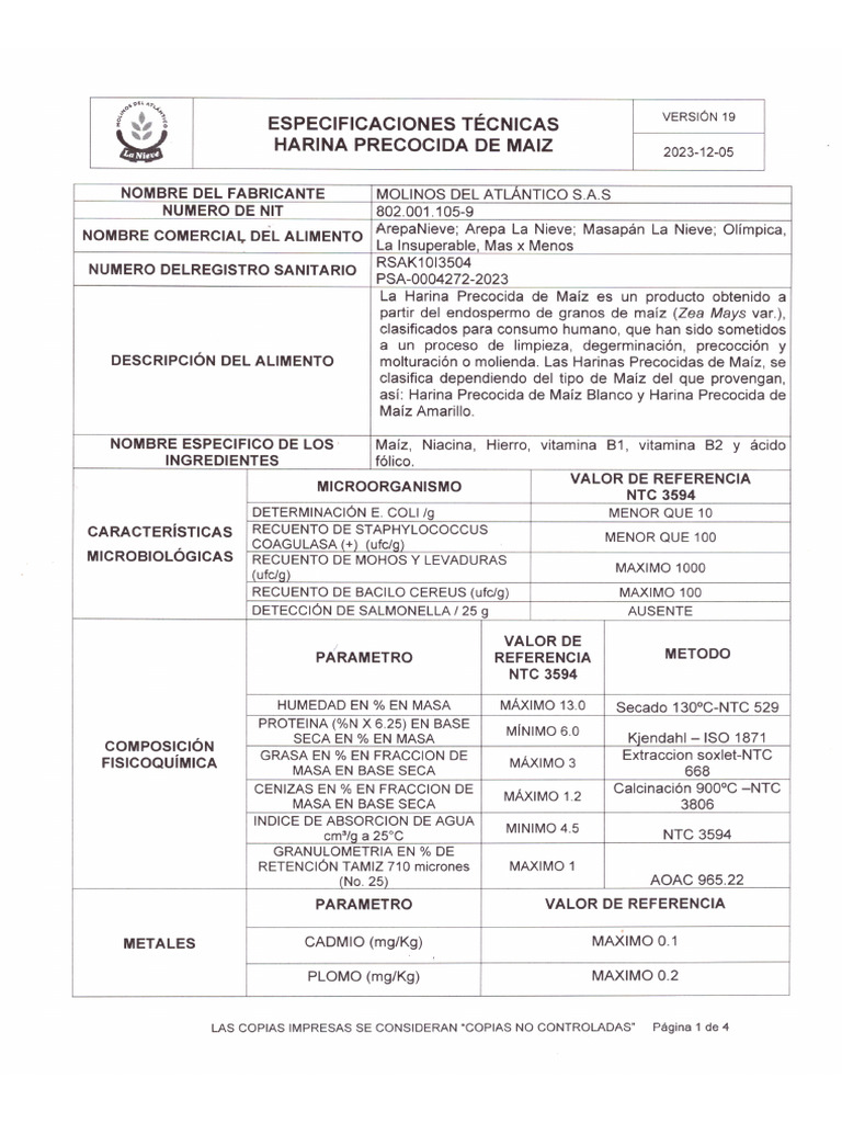 Especificaciones Tecnicas Harina Precocida de Maiz | PDF