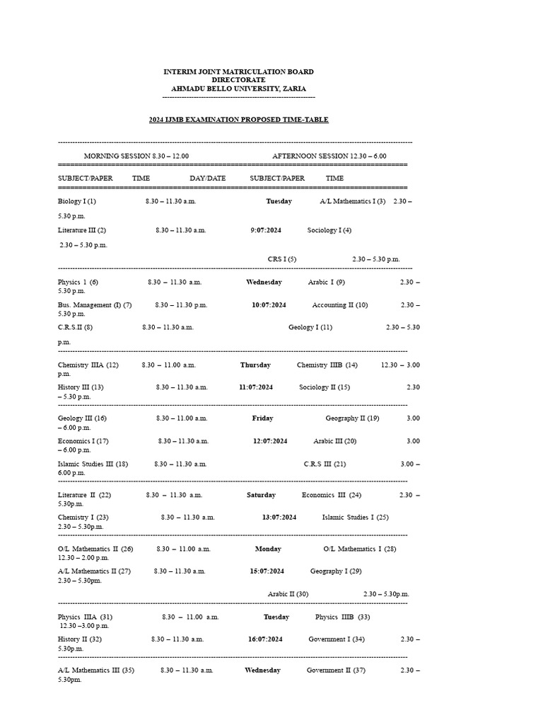2024 Ijmb Examination Time-Table | PDF | Natural Sciences | Liberal Arts Education