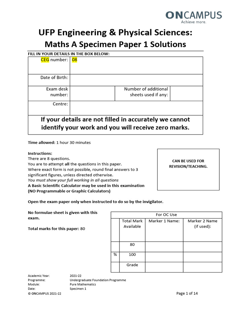 Maths A Specimen Paper 1 MS | PDF | Quadratic Equation | Mathematics