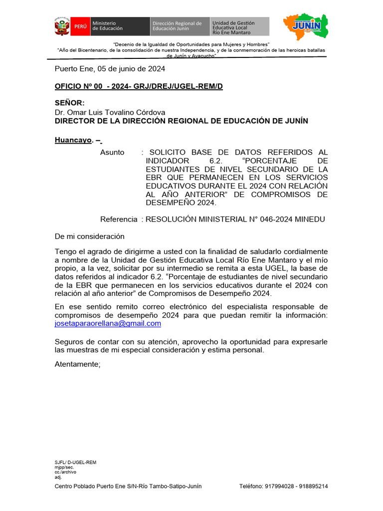 Oficio Base de Datos Indicador 6.2 | PDF