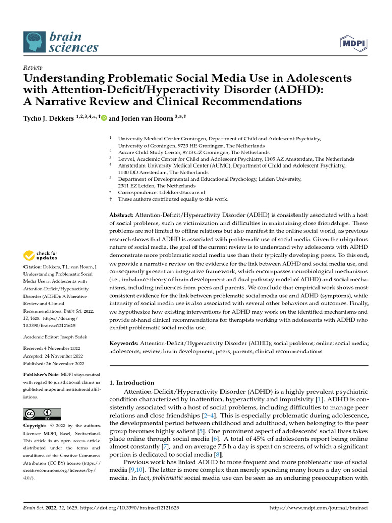 Brainsci 12 01625 v3 | PDF | Attention Deficit Hyperactivity Disorder | Adolescence