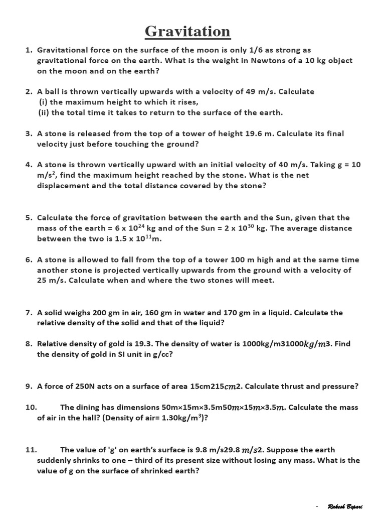 Gravitation, Work & Energy, Sound Numericals | PDF | Force | Kinetic Energy