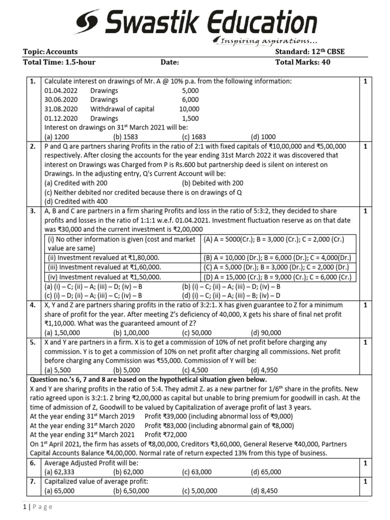 12th Accounts SD Test (CH 1, 2 and 3) SET A | PDF | Goodwill ...