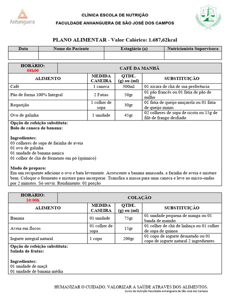 Modelo Word Plano Alimentar | Download grátis PDF | Pães | Queijo