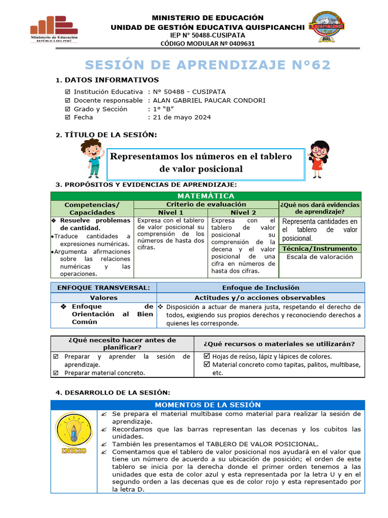 SESIÓN DE APRENDIZAJE N 62 mate (1) | Descargar gratis PDF | Aprendizaje | Cognición