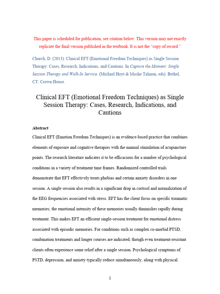 Clinical EFT (Emotional Freedom Techniques) As Single Session Therapy ...