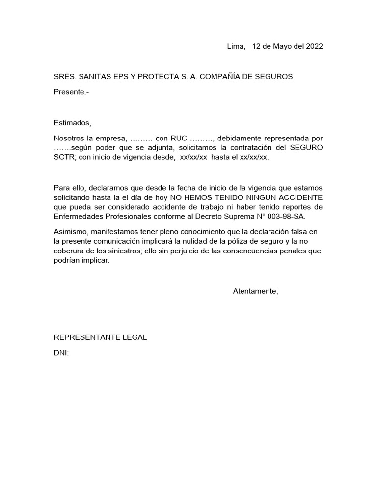 Modelo Carta de No Siniestros SCTR 2022 | PDF