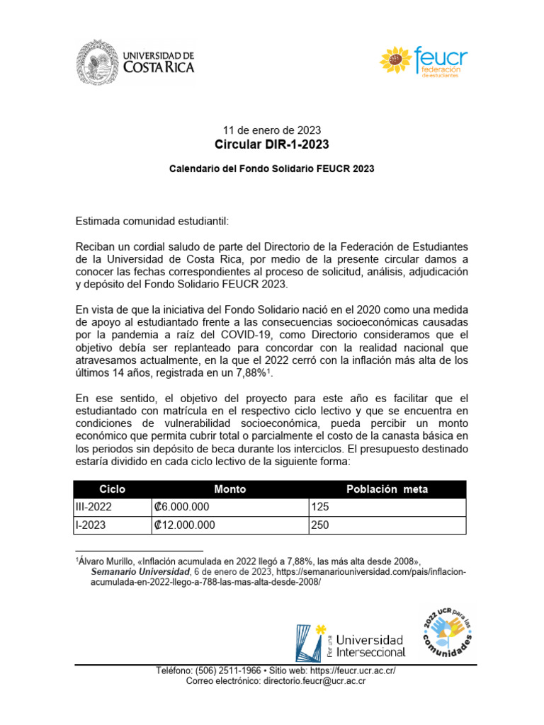Calendario Fondo Solidario FEUCR 2023 | PDF