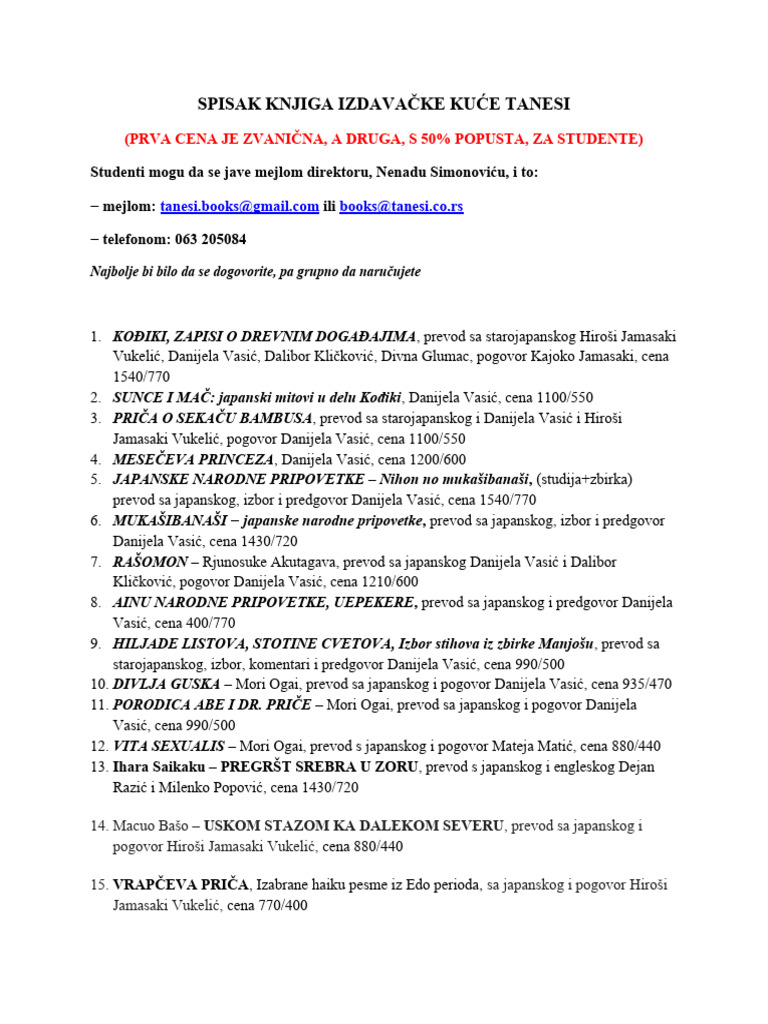 Spisak Knjiga Japanskih Knjiga I Autora TANESI, 2023. God | PDF