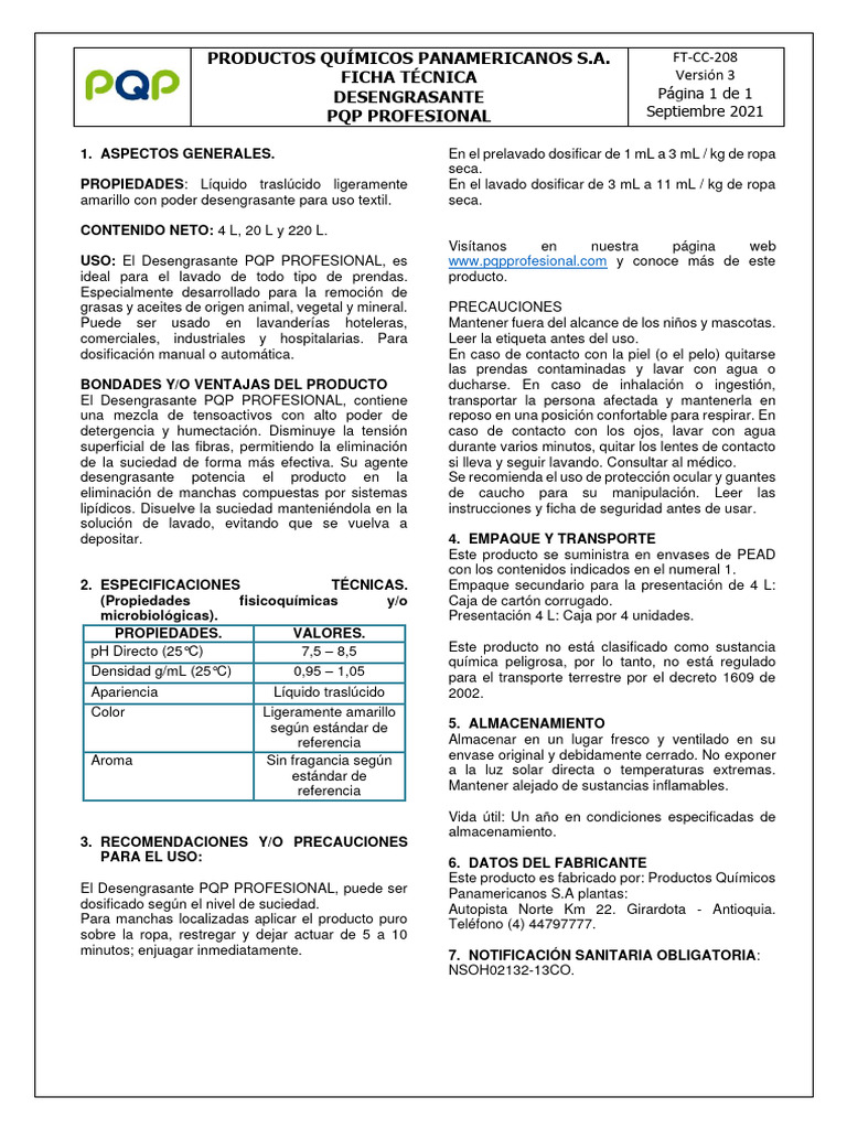 FT-CC-208-Desengrasante-PQP-Profesional | PDF | Tensioactivo