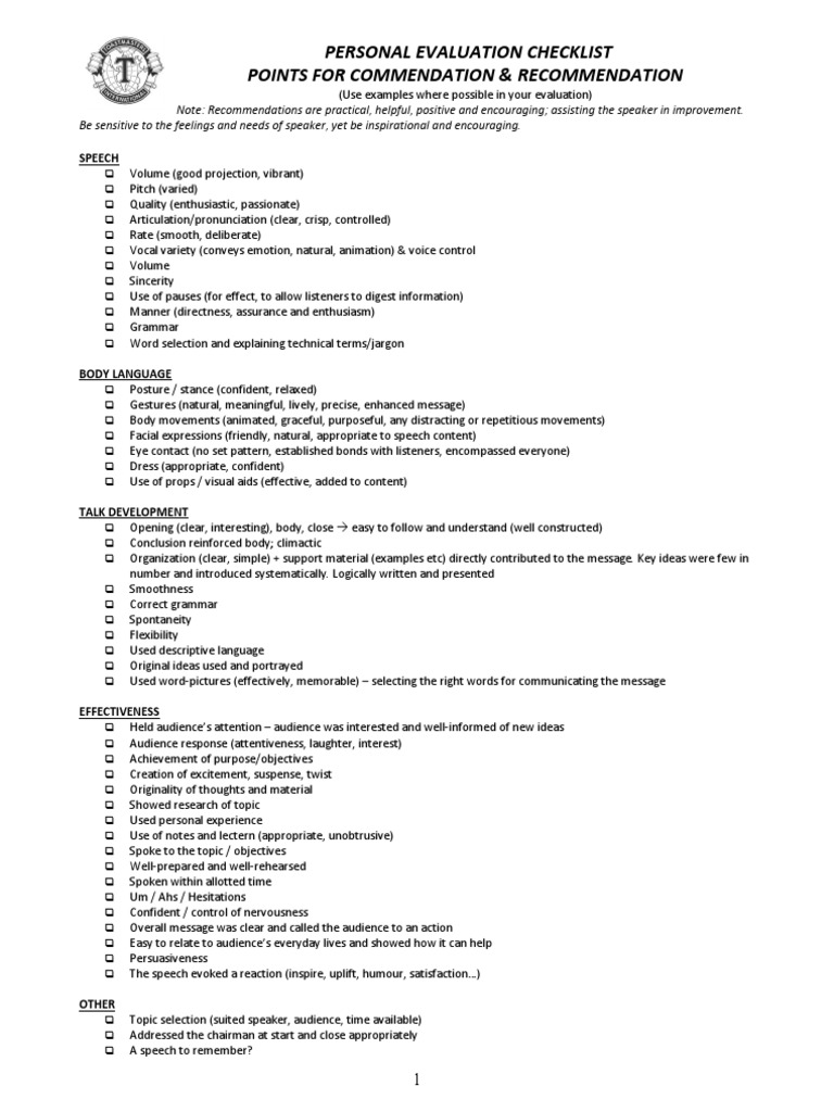 Personal Evaluation Checklist | PDF | Body Language | Behavioural Sciences