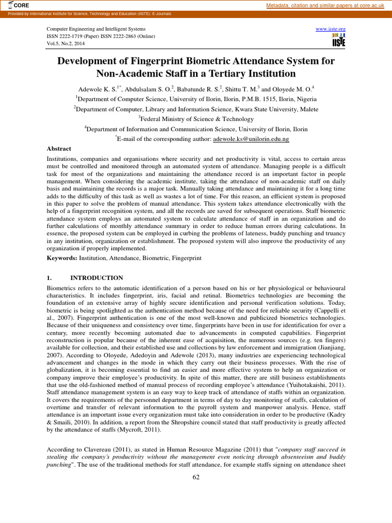 Development of Fingerprint Biometric Attendance System For Non-Academic ...