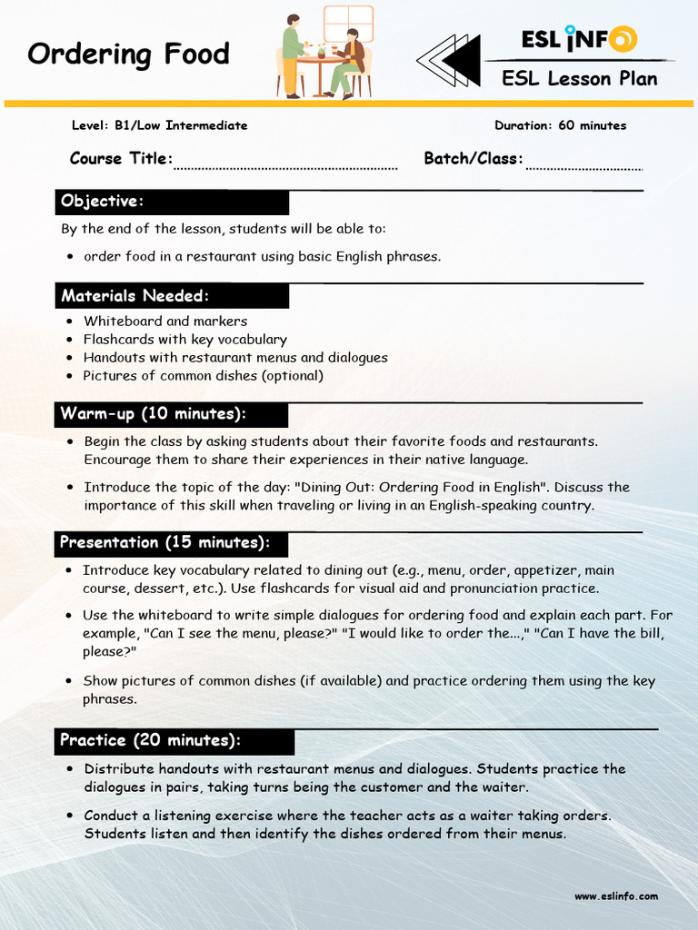 ESL Dining Out Lesson Plan | PDF | Menu | English As A Second Or ...