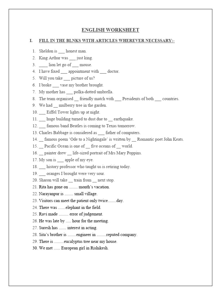 English Worksheet: I. Fill in The Blnks With Articles Wherever ...