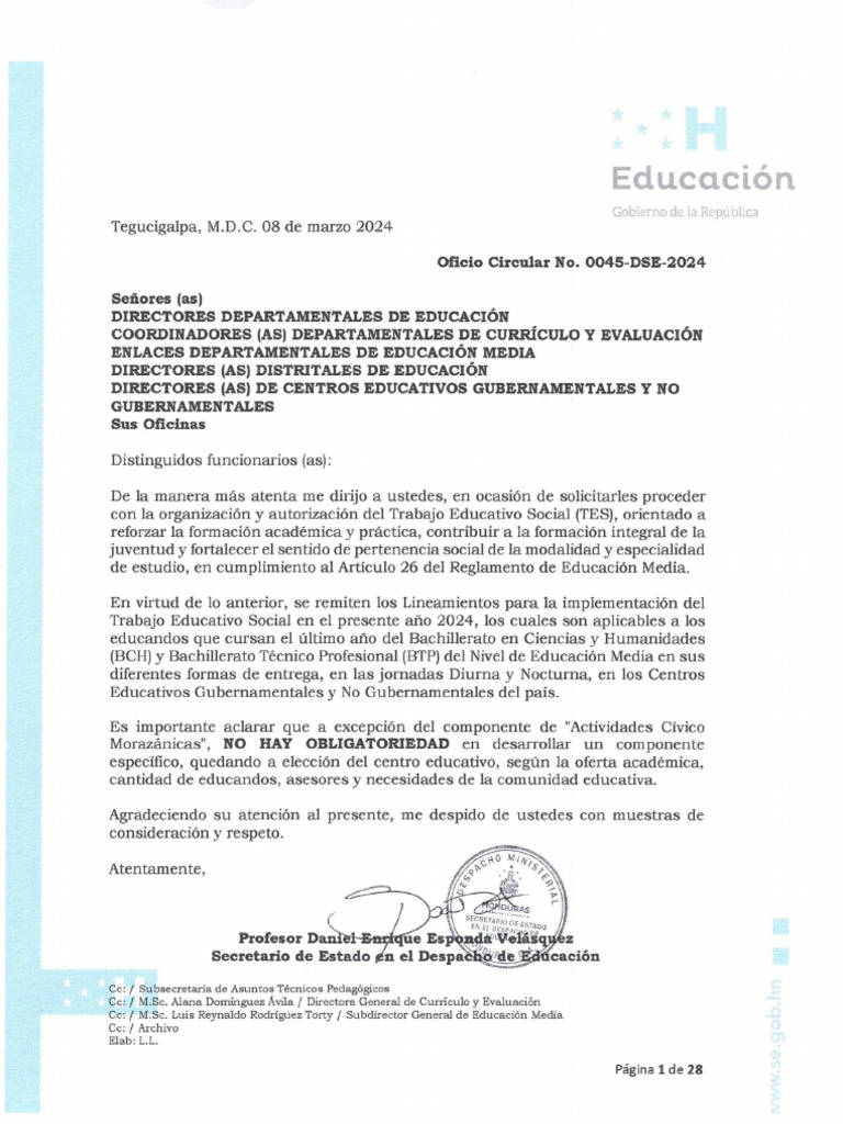 Oficio Circular 0045-DSE-24 DDE Lineamientos para El Trabajo Educativo ...