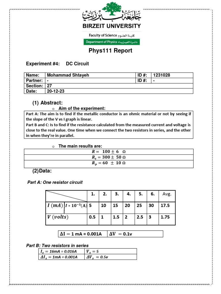 Phys Lab Report 4 | Download Free PDF | Electrical Resistance And Conductance | Resistor