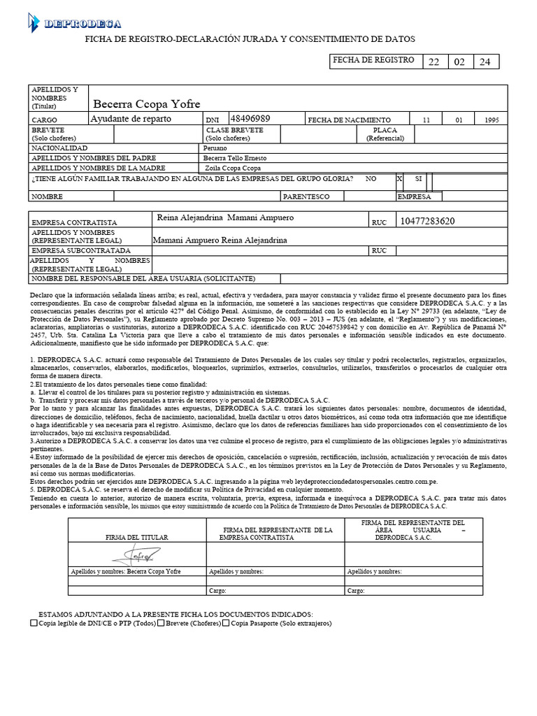 Ficha de registro declaración y consentimiento de datos - Deprodeca | Descargar gratis PDF ...