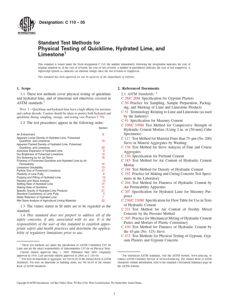 Physical Testing of Quicklime, Hydrated Lime, and Limestone: Standard ...