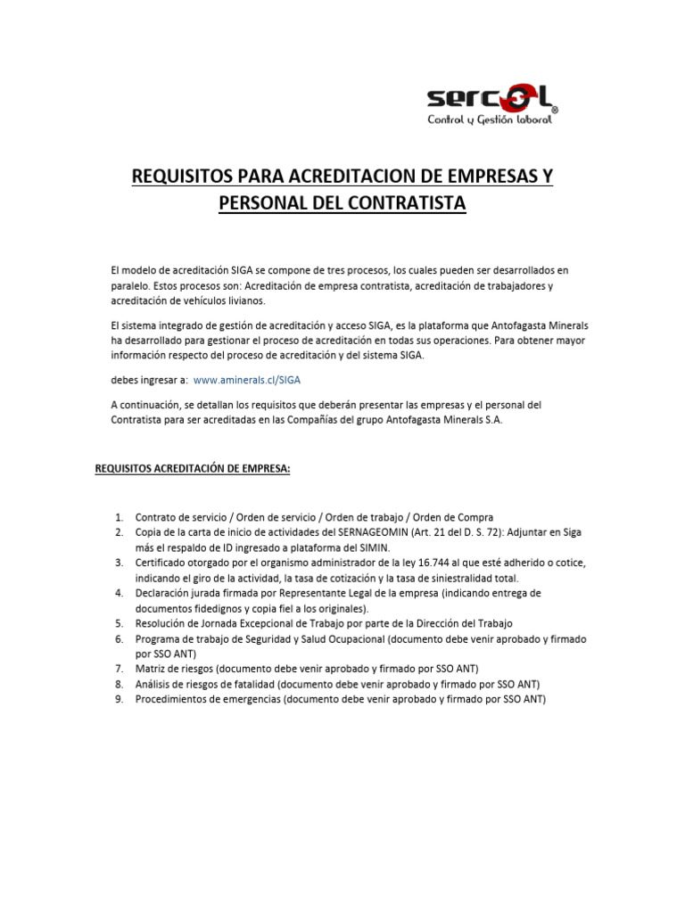 REQUISITOS PARA ACREDITACION DE EMPRESAS Y PERSONAL DEL CONTRATISTA | Descargar gratis PDF ...