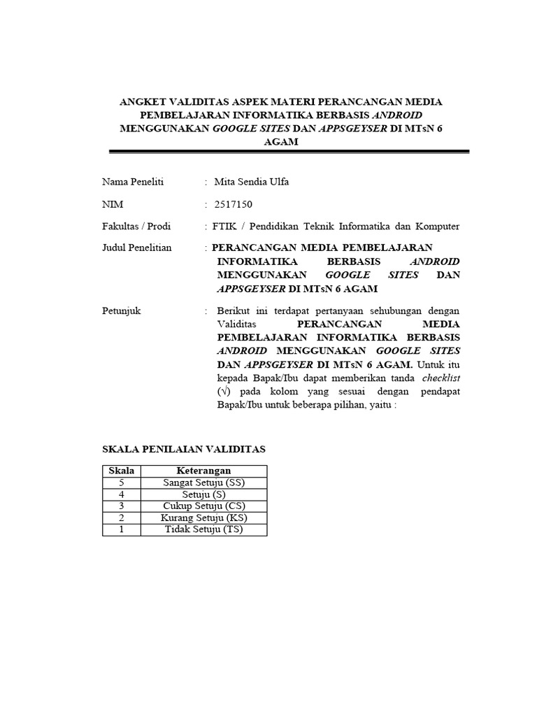 ANGKET VALIDITAS MITA | PDF