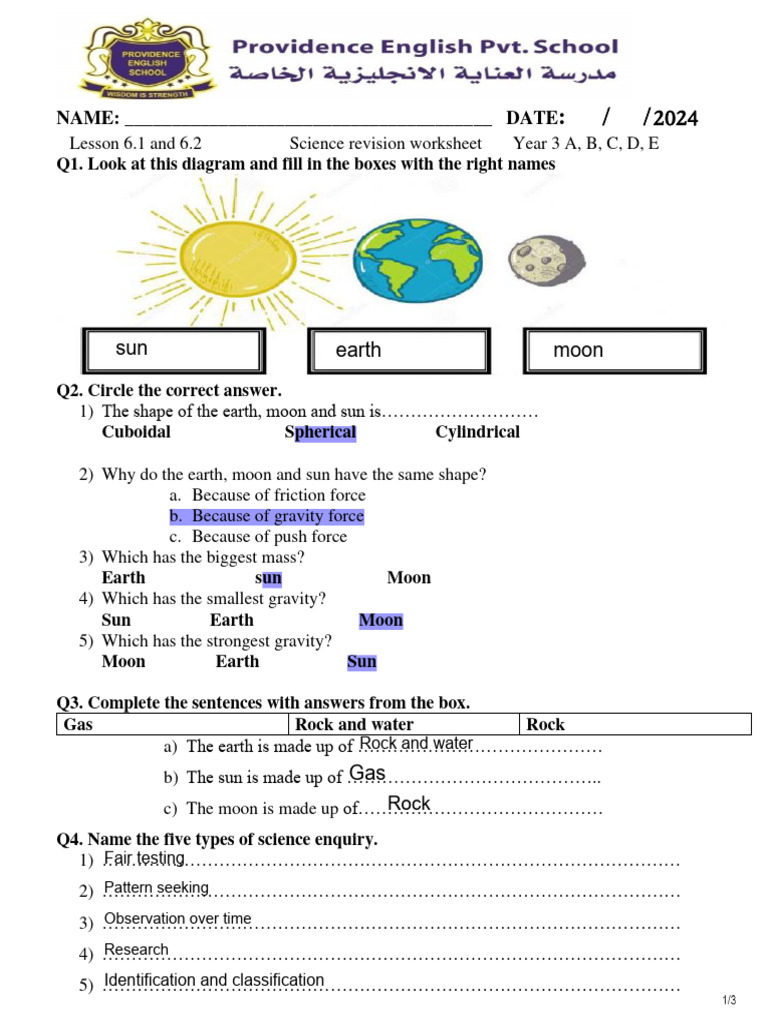 L6.1 and 6.2 Rev Worksheet Yr3 | PDF | Moon | Earth