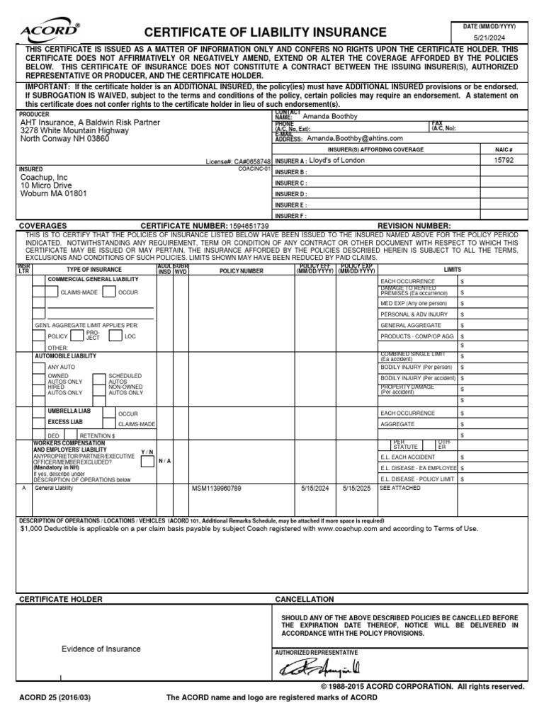 Evidence of Insurance 2024 | Download Free PDF | Deductible | Liability ...