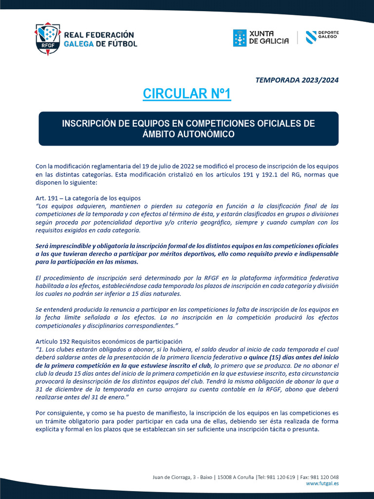 CIRCULAR N 1 Inscripci N Temporada 2023 2024 | PDF