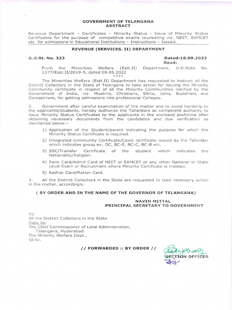 G.O.Rt - No. 323, Dt. 16.09.2023 Minority Status Certificate | PDF