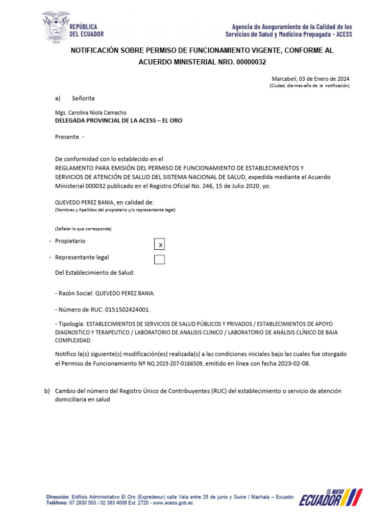 NOTIFICACION SOBRE PERMISO DE FUNCIONAMIENTO | PDF