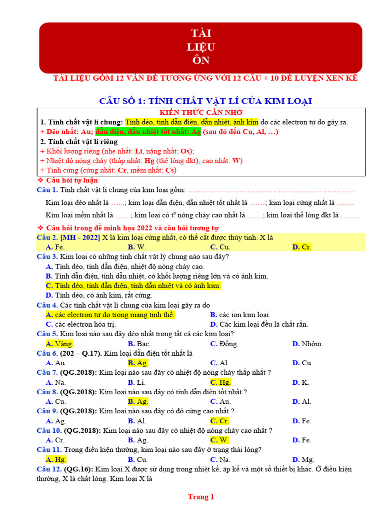 Cau Hoi Ly Thuyet Du Doan Thi THPT Hoa 12 | PDF